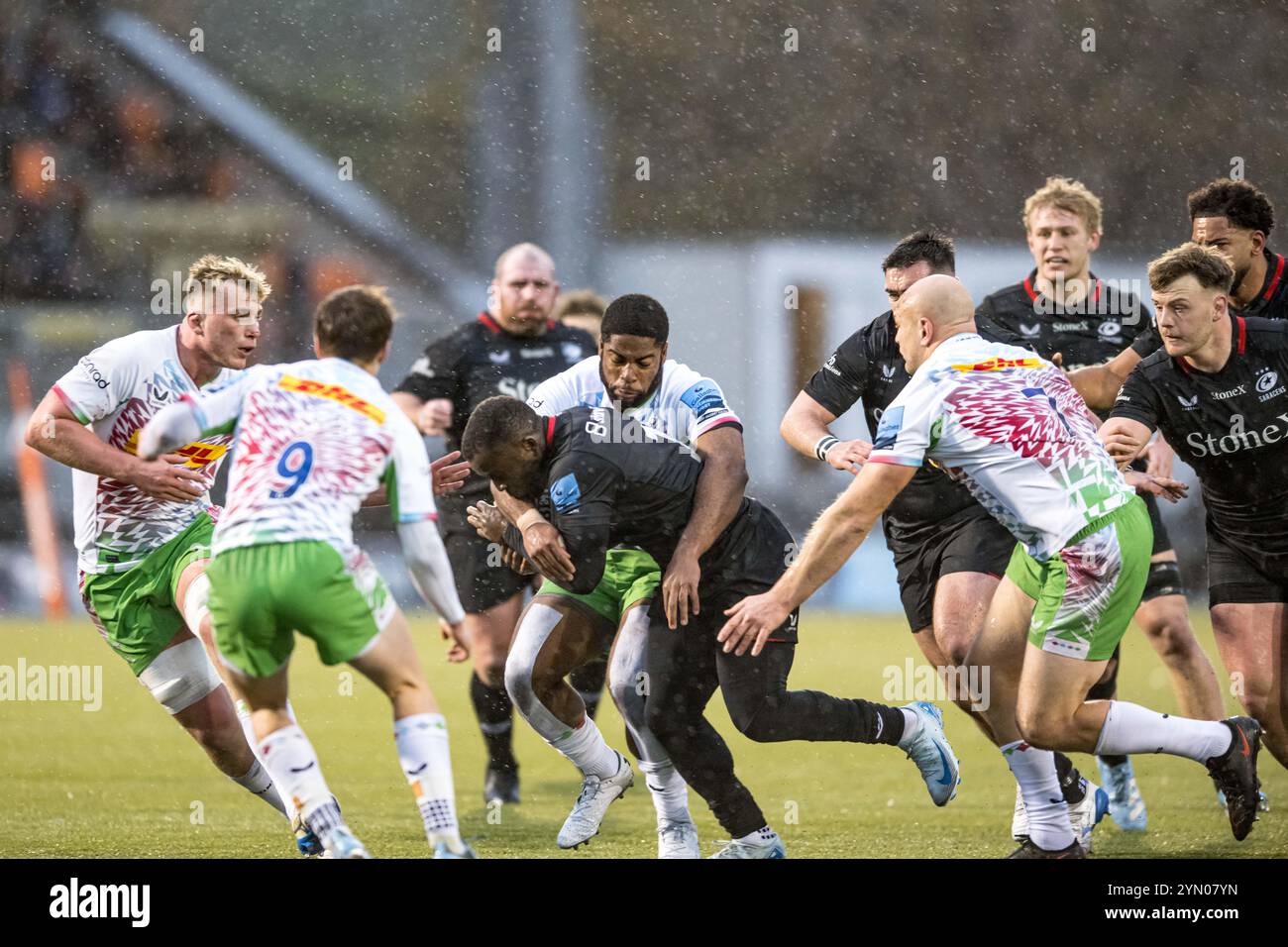 London, UK. 23rd Nov, 2024. Rotimi Segun of Saracens is tackled during ...