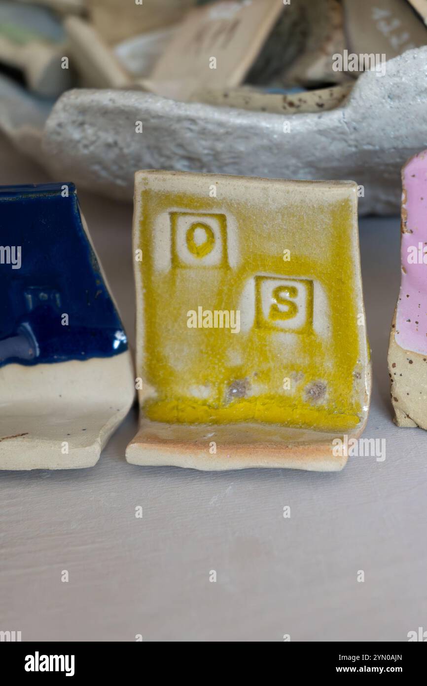 Samples of ceramic art objects and tabelware made on workshop in art ...