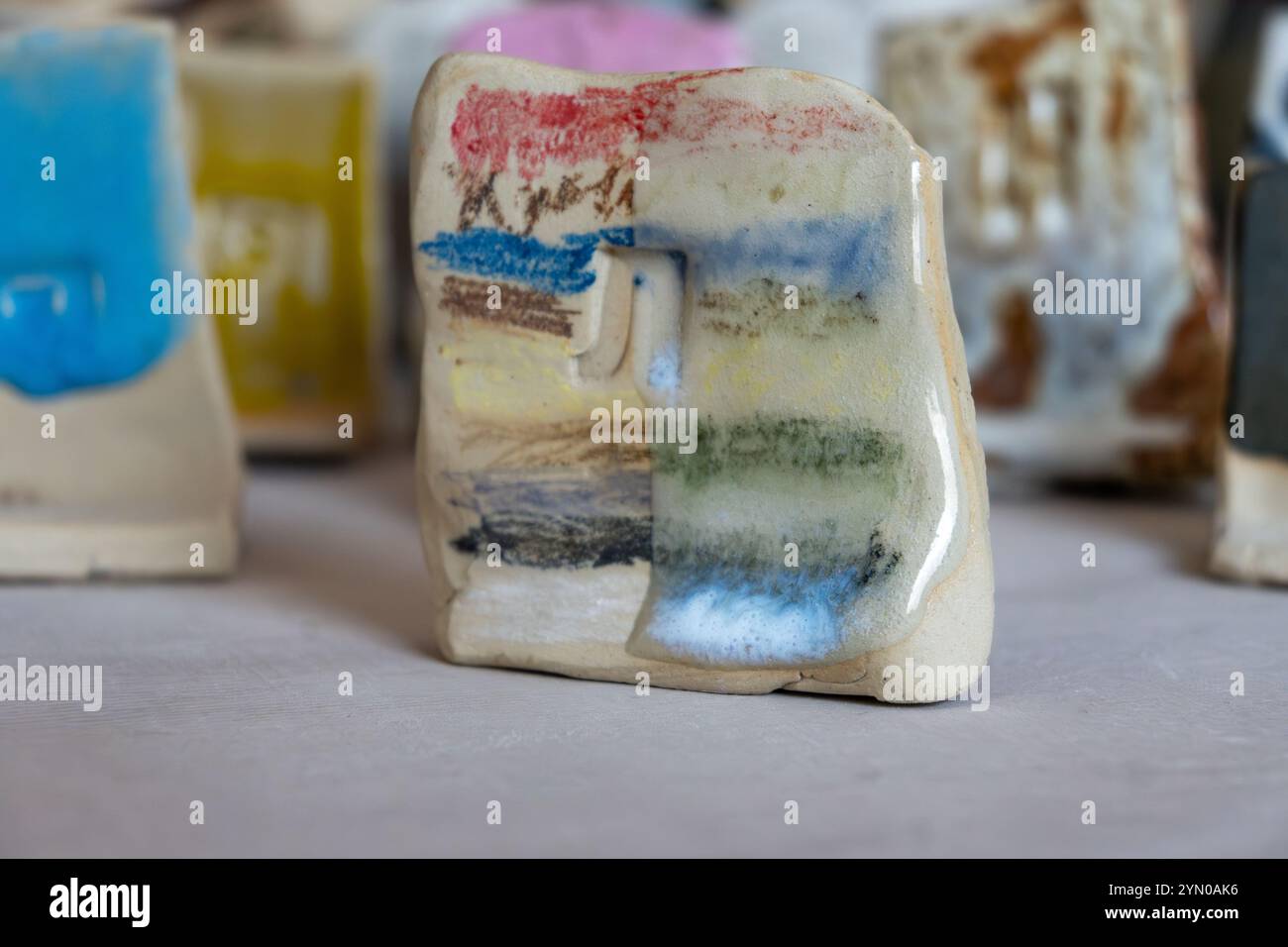 Samples of ceramic art objects and tabelware made on workshop in art ...