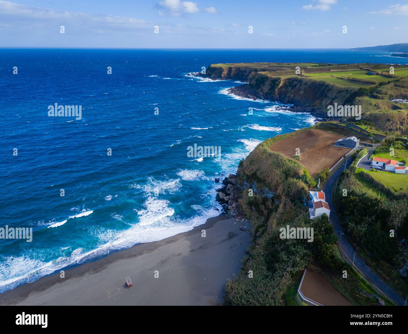 Azores islands coast landscape aerial drone view. Praia dos Moinhos in ...