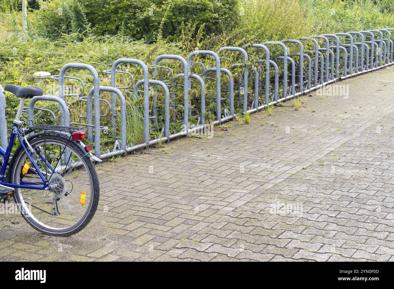Row with bicycle racks with a bicycle Stock Photo - Alamy