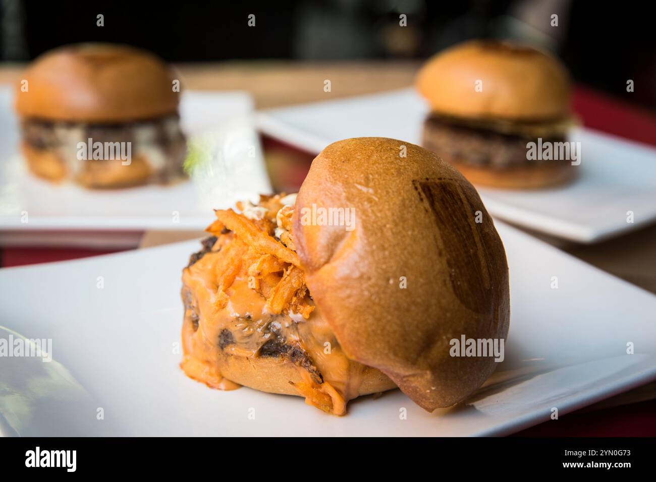 Detail of "The Original" Umami Burger comprised of parmesan crisp ...