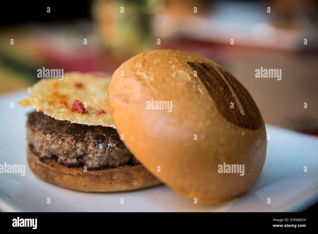 Detail of "The Original" Umami Burger comprised of parmesan crisp ...
