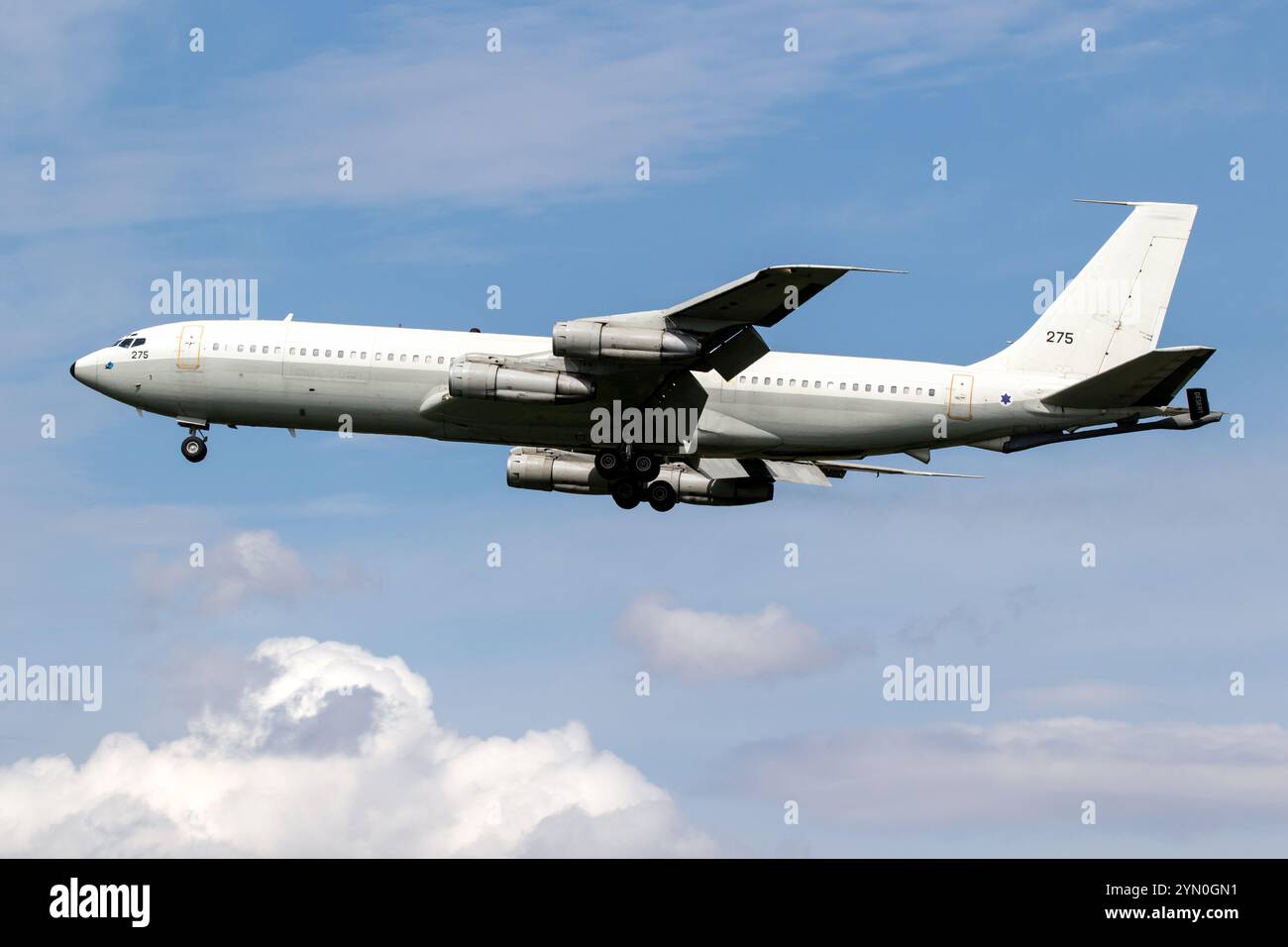 Israeli Air Force Boeing KC707 Re'em tanker aircraft in flight over Norvenich Air Base. Germany ...