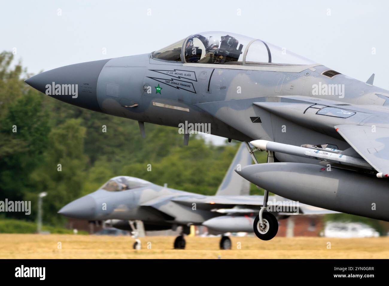 US Air Force F-15C Eagle fighter jet from 104th Fighter Wing taking off from Hohn Airbase during ...