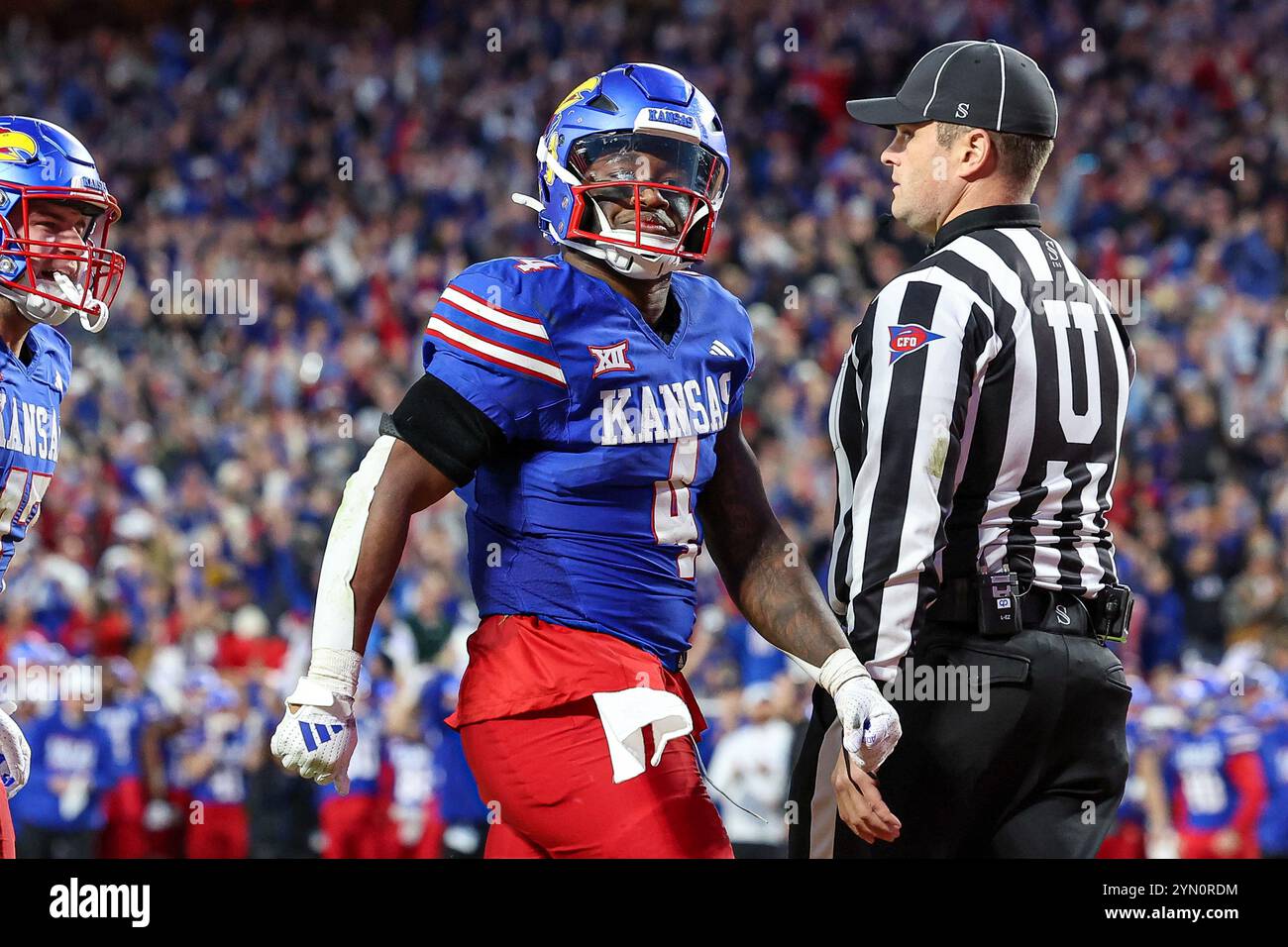 November 23, 2024: Kansas Jayhawks running back Devin Neal (4) reacts ...