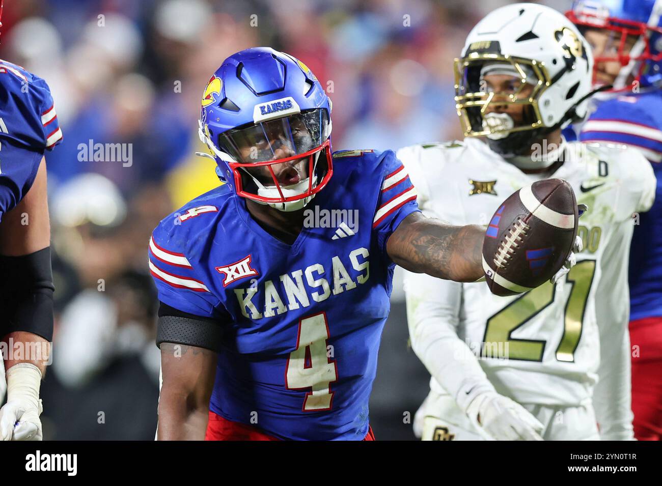 KANSAS CITY, MO - NOVEMBER 23: Kansas Jayhawks running back Devin Neal ...