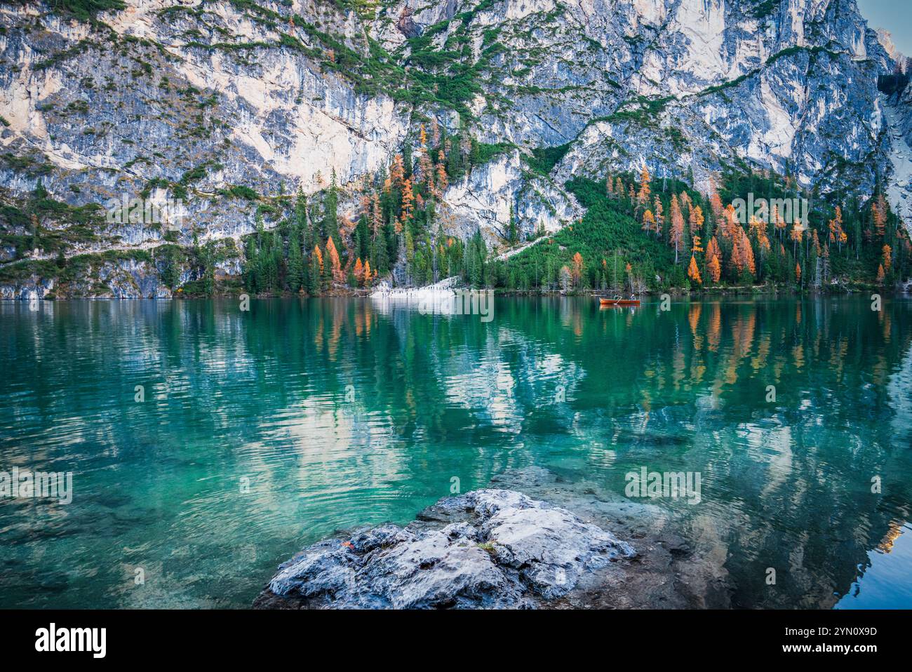 Lake Braies, South Tyrol, Italy - 01 Nov 2024: Single rowing boat on ...