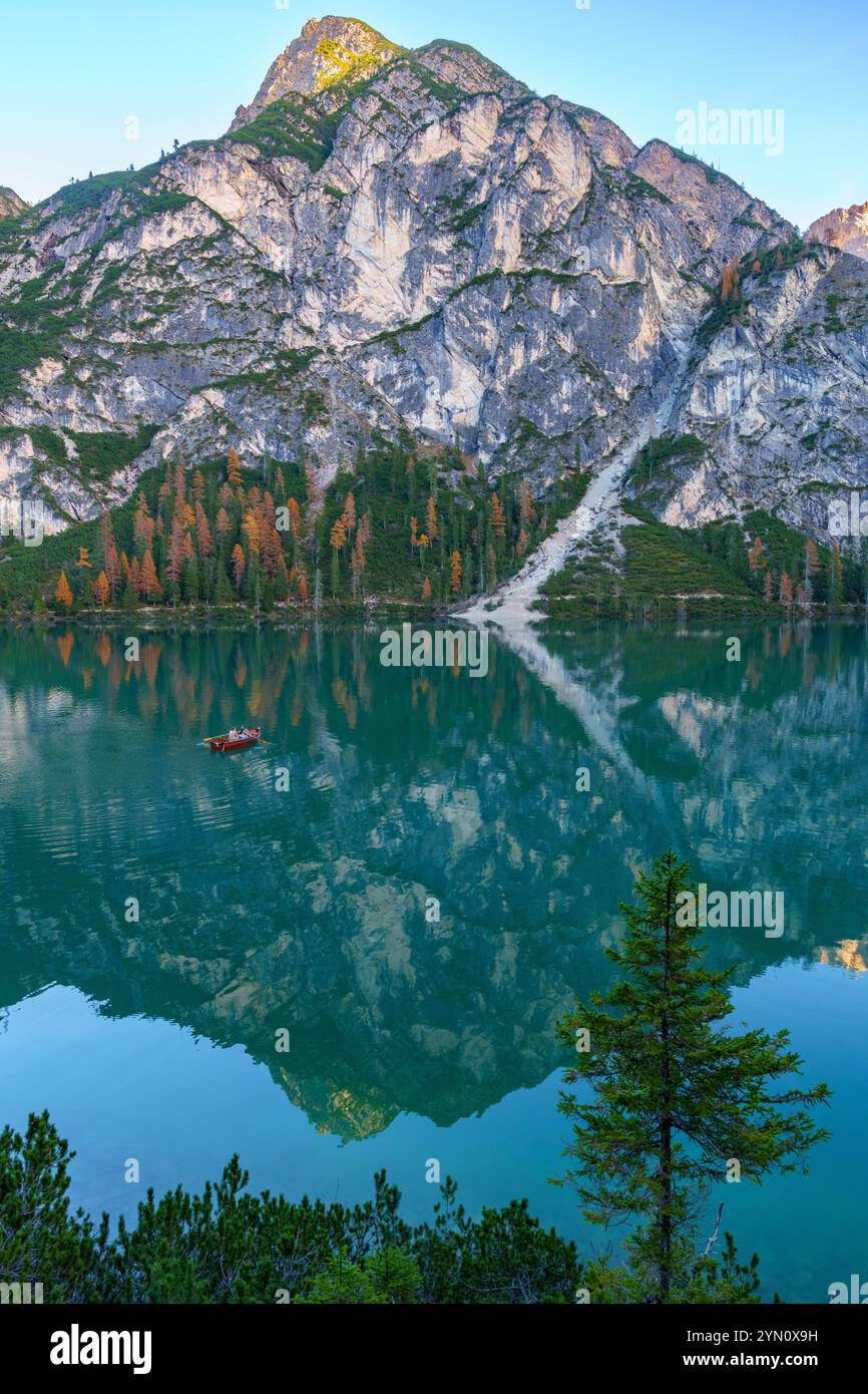 Lake Braies, South Tyrol, Italy - 01 Nov 2024: Single rowing boat on ...