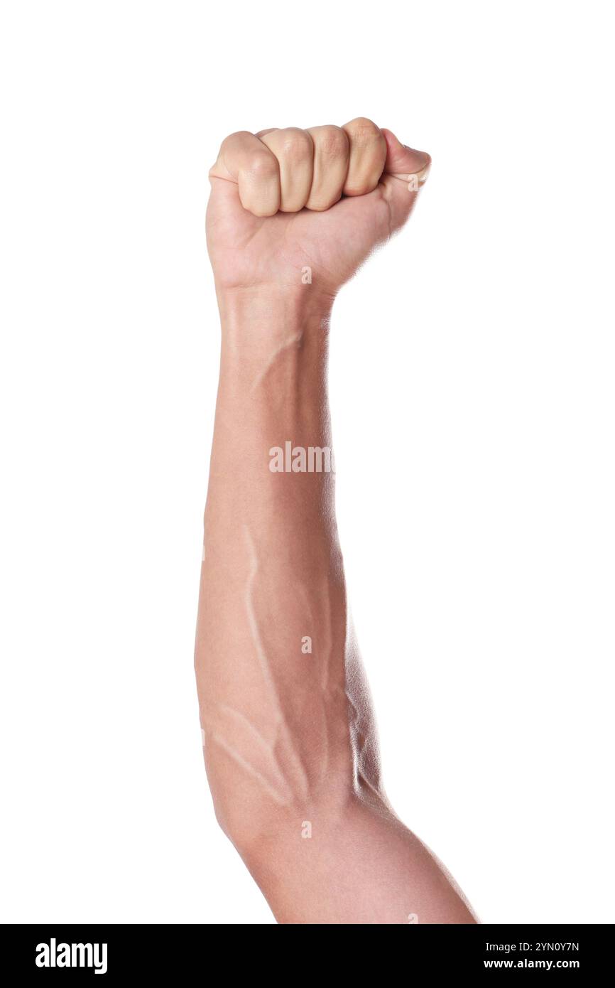Man with bulging veins on his arm against white background, closeup ...