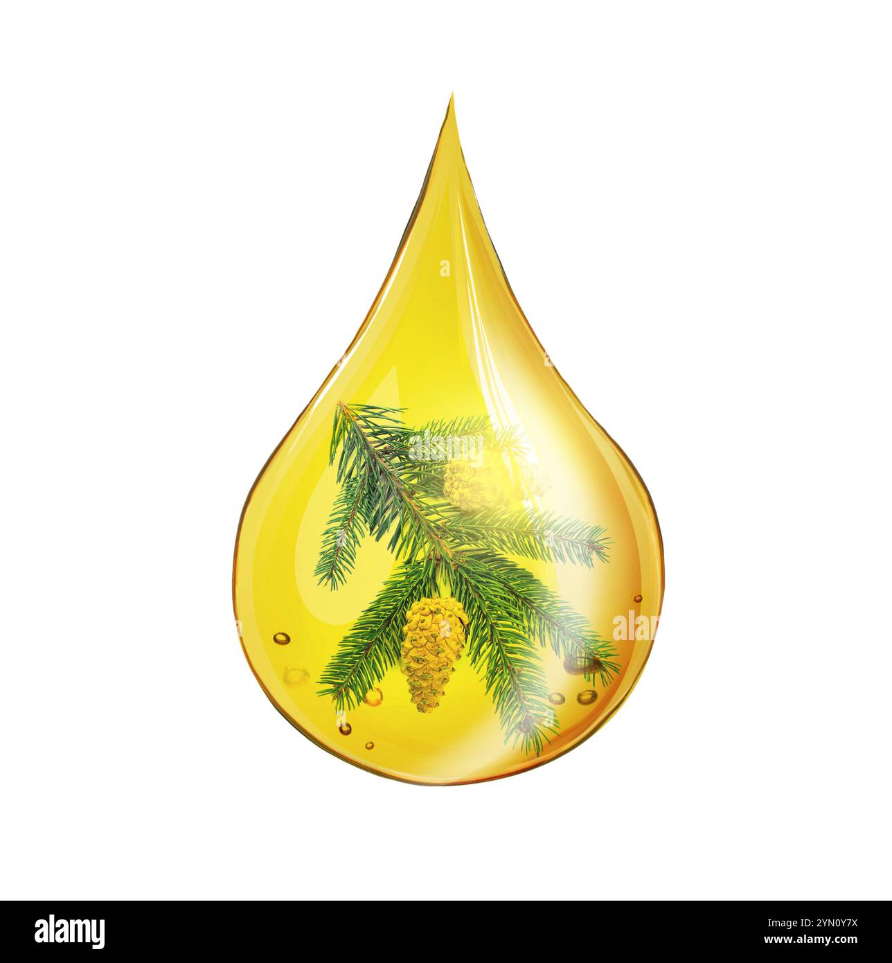 Conifer essential oil drop with fir tree branch inside on white ...