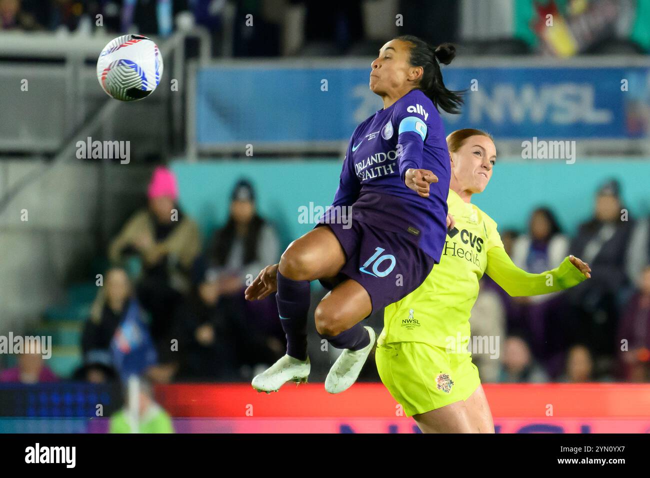 Orlando Pride forward Marta (10) leaps into the air to make a play on a ...