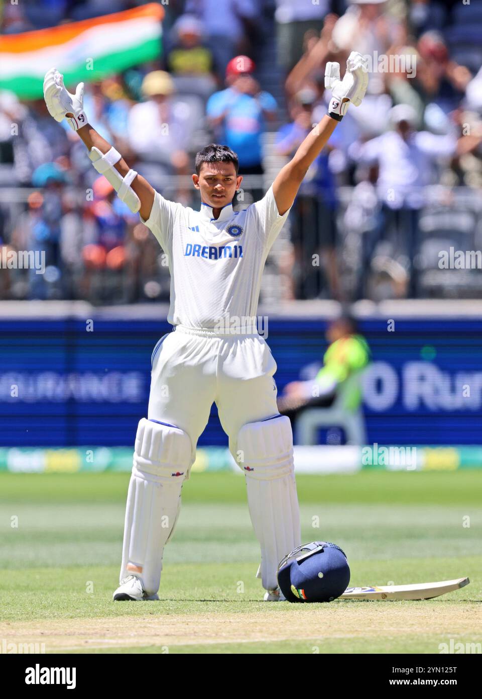 India's Yashasvi Jaiswal celebrates his century on the third day of the ...