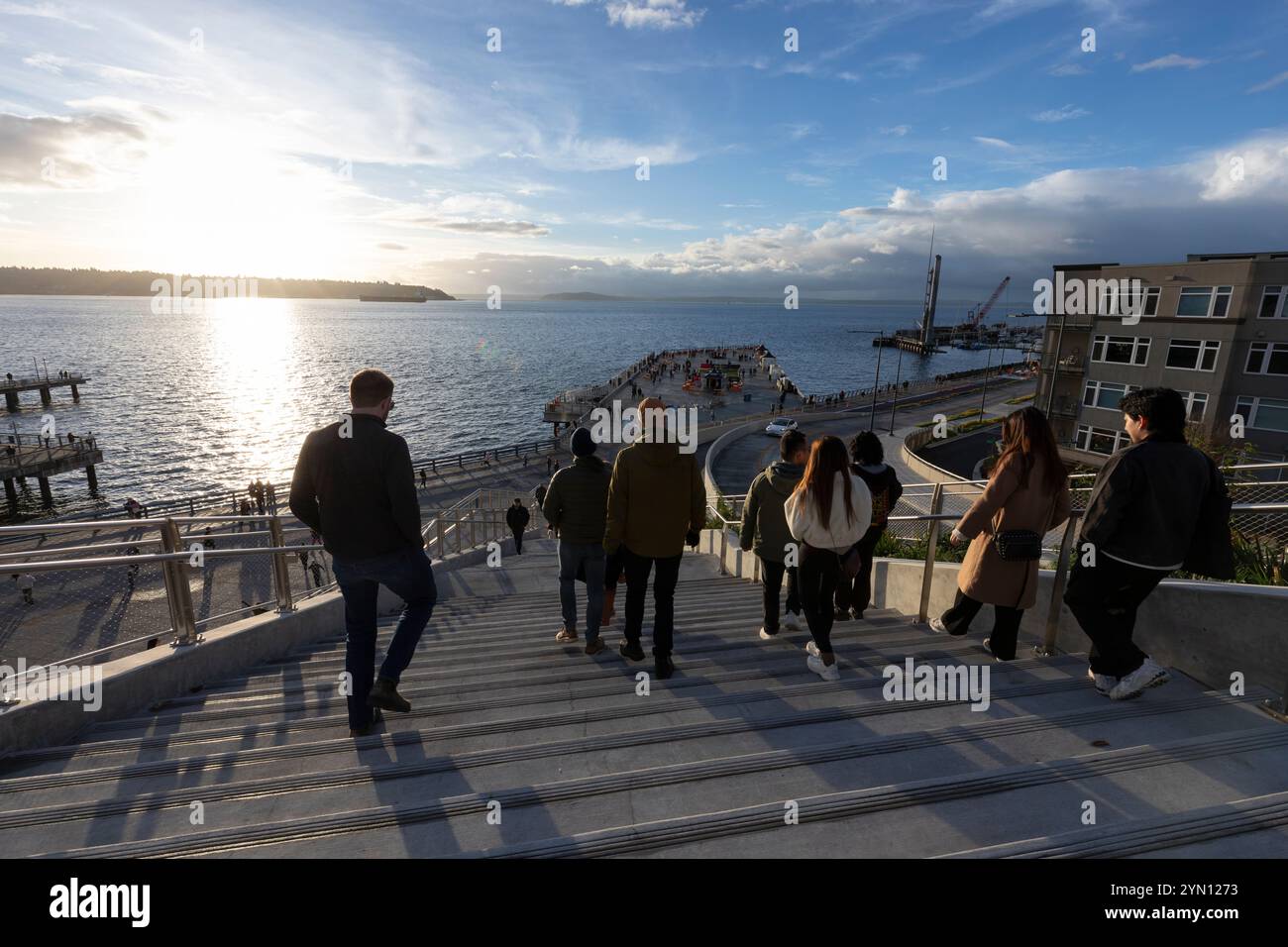 Visitors enjoy sunset along the waterfront at Seattle's new Overlook ...