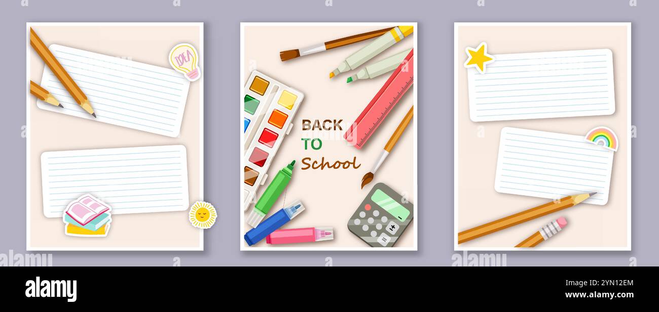 Back to school posters set. Pencils, watercolor paintings and markers ...