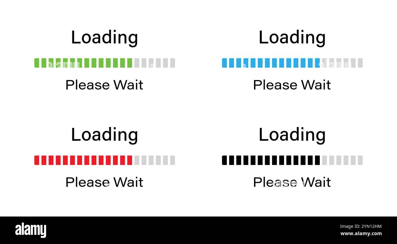 Bar loading please wait symbol icon set in four different colors. Loading 70 percent please wait ...