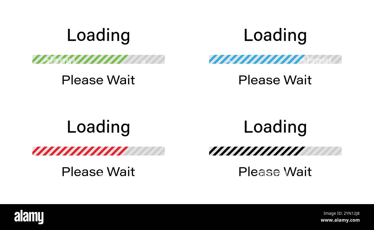 Bar loading with tilted lines please wait symbol icon set in four different colors- Green, Blue ...