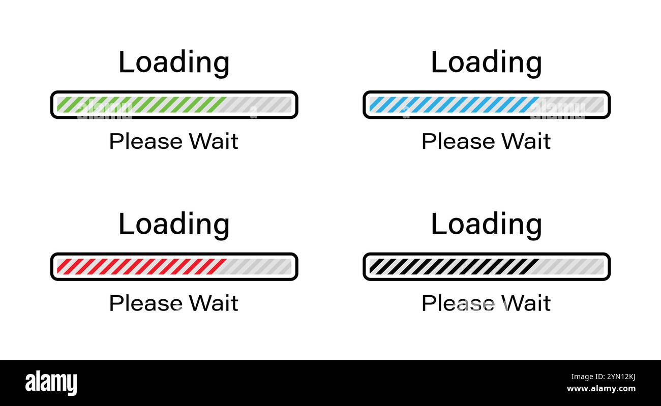 Rectangular Bar loading with tilted lines please wait symbol icon set in four different colors ...