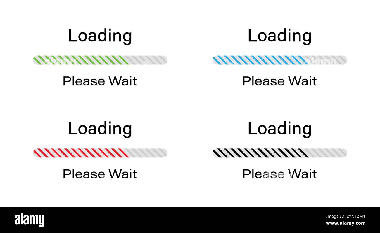 Rounded bar loading with tilted lines please wait symbol icon set in green, blue, red and black ...