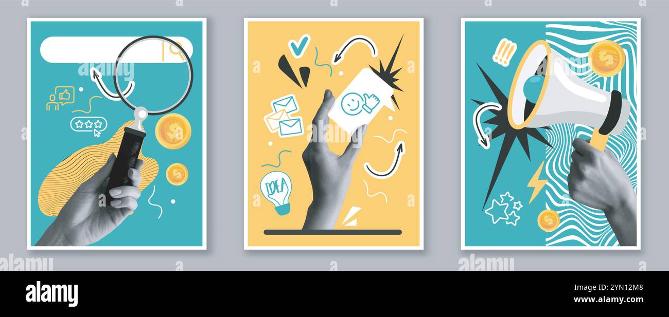 Marketing hands posters set. Hands with magnifying glass, loudspeaker ...