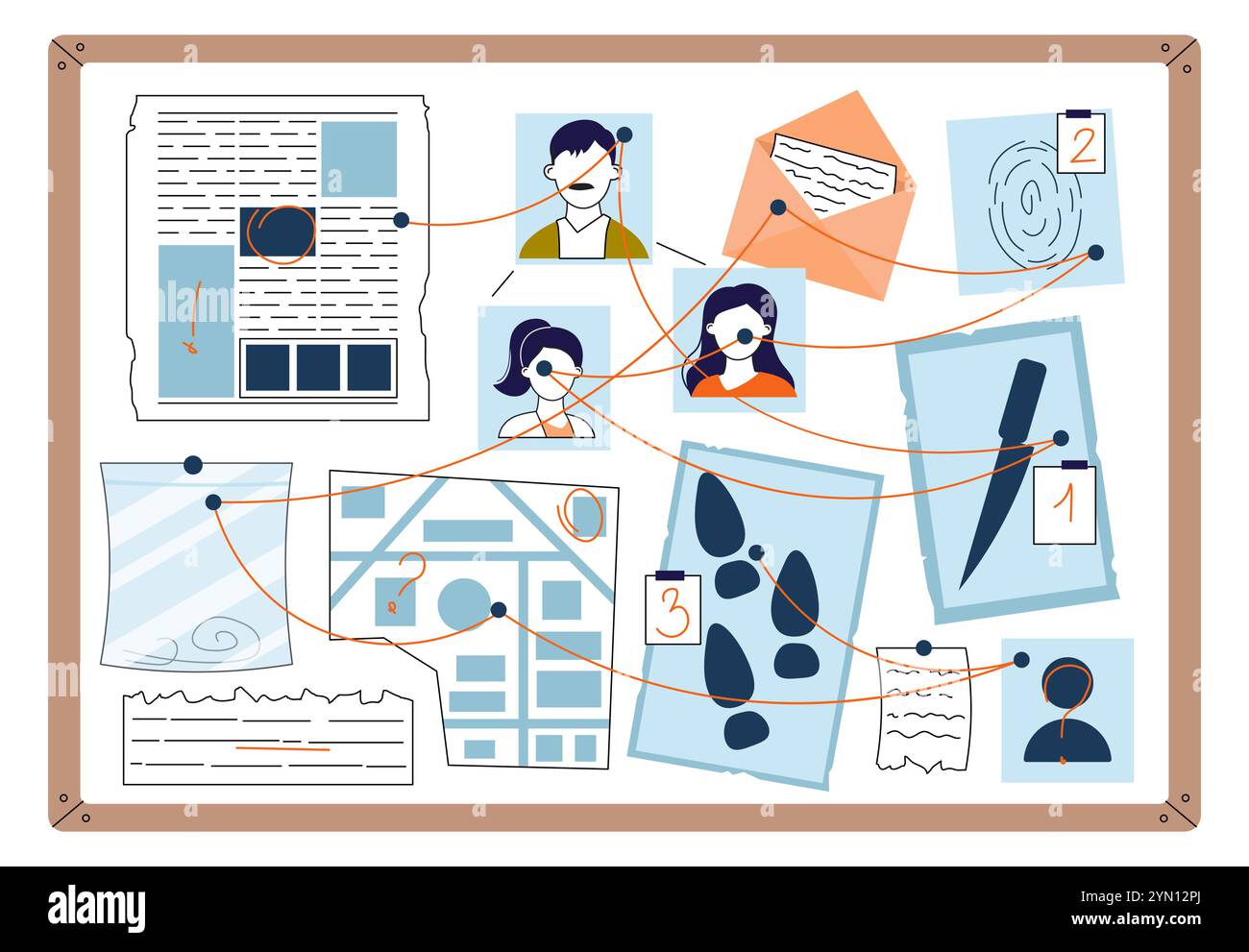 Detectives evidence board. Pictures of people, footprints and map ...