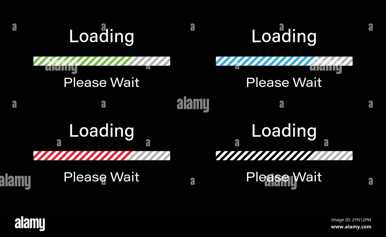 Bar loading with tilted lines please wait symbol icon set in four different colors- Green, Blue ...