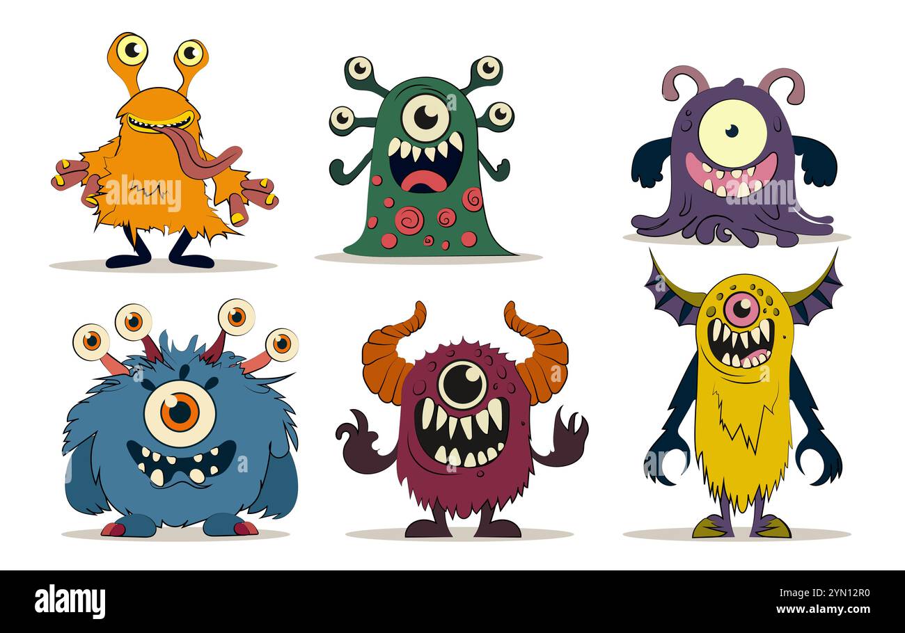 Funny monsters set. Yellow, green and blue demons and devils ...