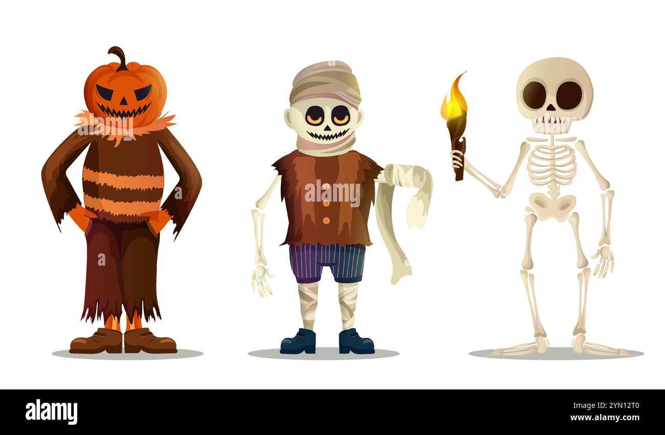 Halloween characters set. Skeleton with torch, zombie and jack o latern ...