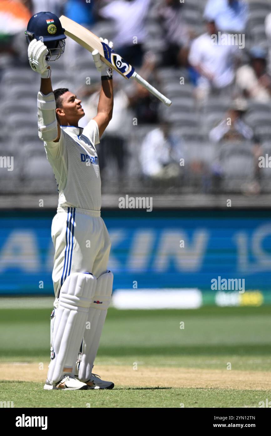Perth, Australia. 24th Nov, 2024. Yashasvi Jaiswal of India celebrates ...