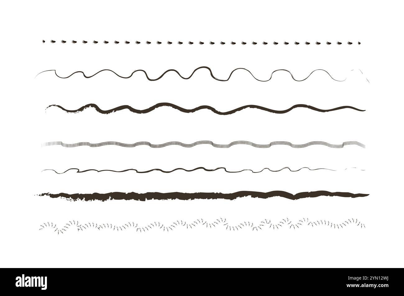 Hand painted ink brush set. Pack of pencils curved lines. Scribble ...