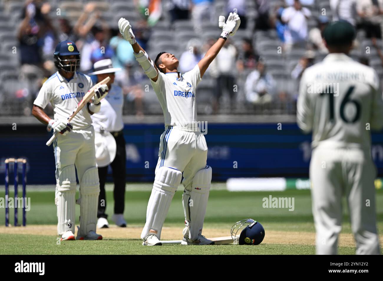 Perth, Australia. 24th Nov, 2024. Yashasvi Jaiswal of India celebrates ...