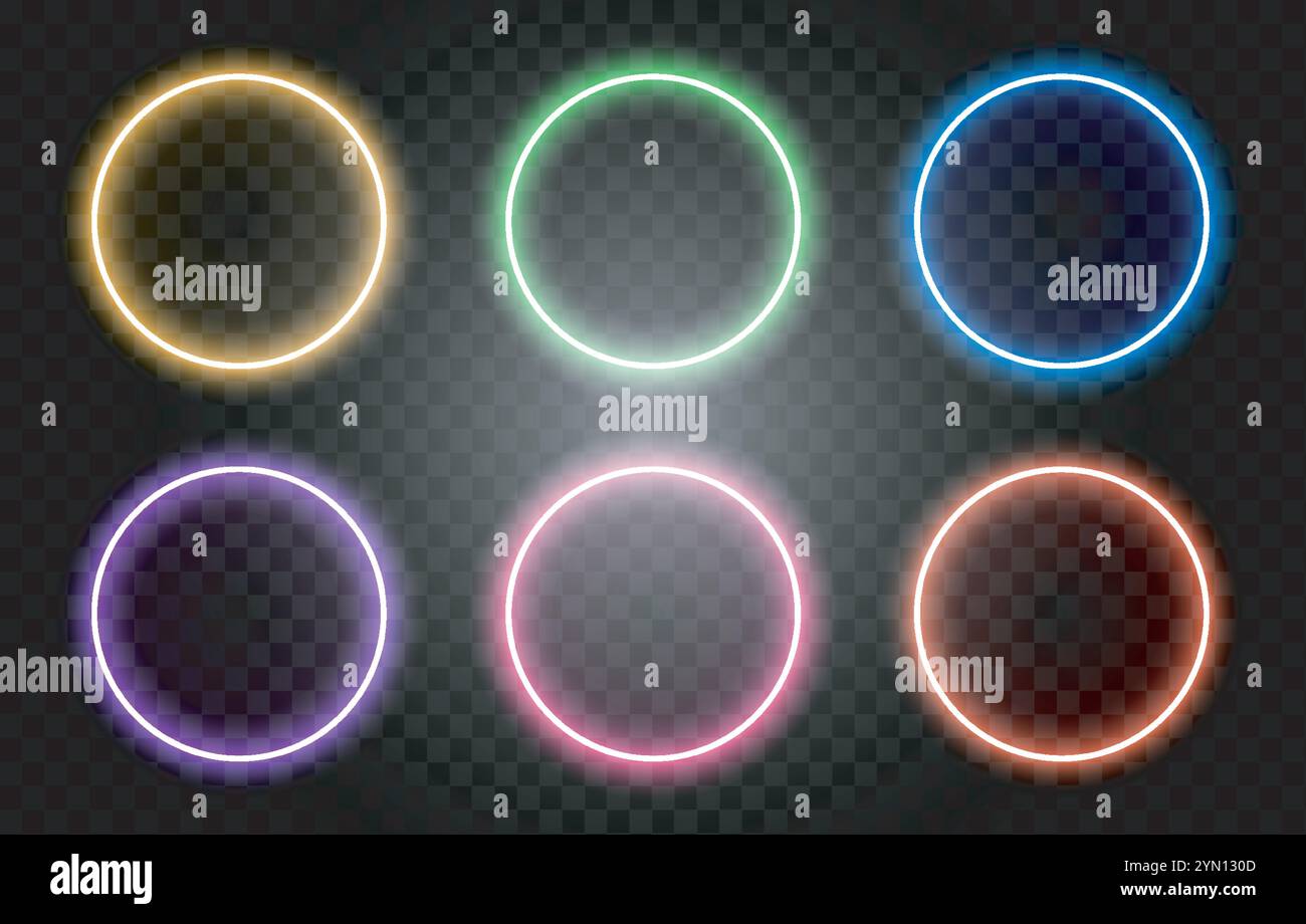 Set of neon circles. Yellow, green, blue, viole, pink and orange light ...