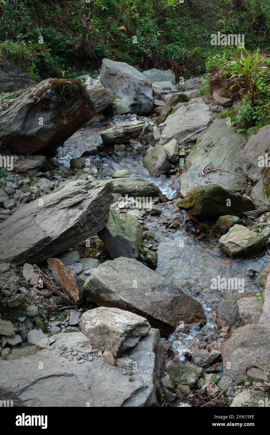Water flowing through stones,beautiful waterfall inside Himalayan ...