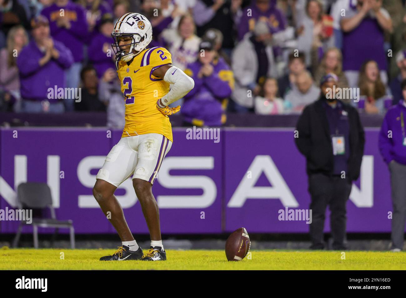 Baton Rouge, LA, USA. 23rd Nov, 2024. LSU wide receiver Kyren Lacy (2) dances in the endzone ...