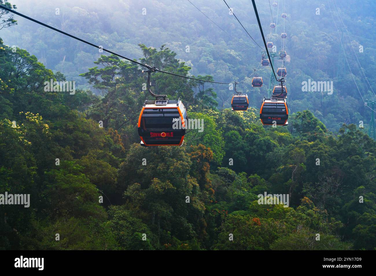 Cabanas on a cable car in the mountains in the forest in Vietnam in the ...