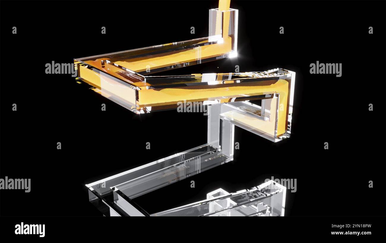 Yellow liquid flow inside rectangle glass tube super slow motion 3d ...