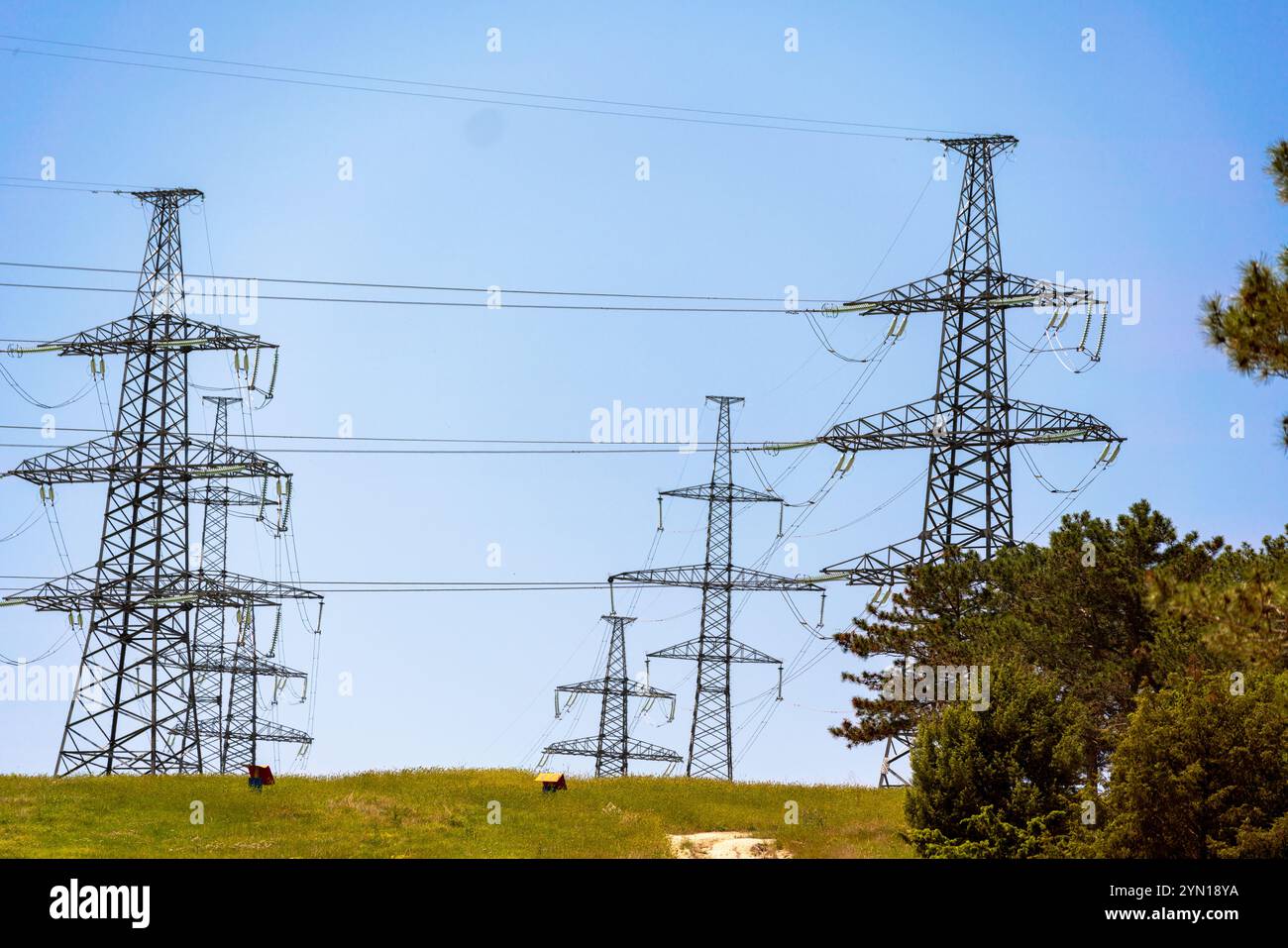 High voltage towers Electric pole. Power line support with wires for ...