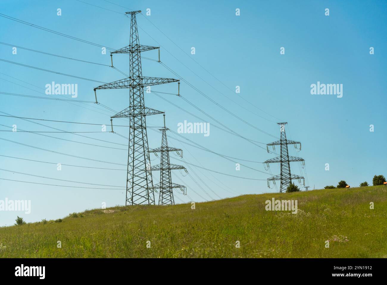 High voltage towers Electric pole. Power line support with wires for ...