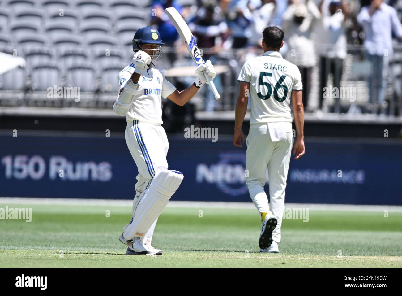 Perth, Australia. 24th Nov, 2024. Yashasvi Jaiswal of India celebrates ...