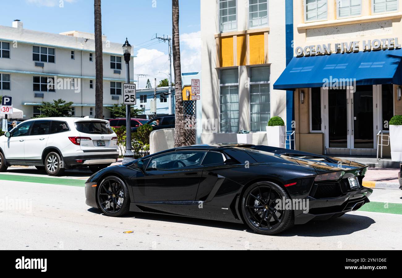 Miami Beach, Florida USA - June 8, 2024: 2023 Lamborghini Huracan Tecnica green at miami beach ...