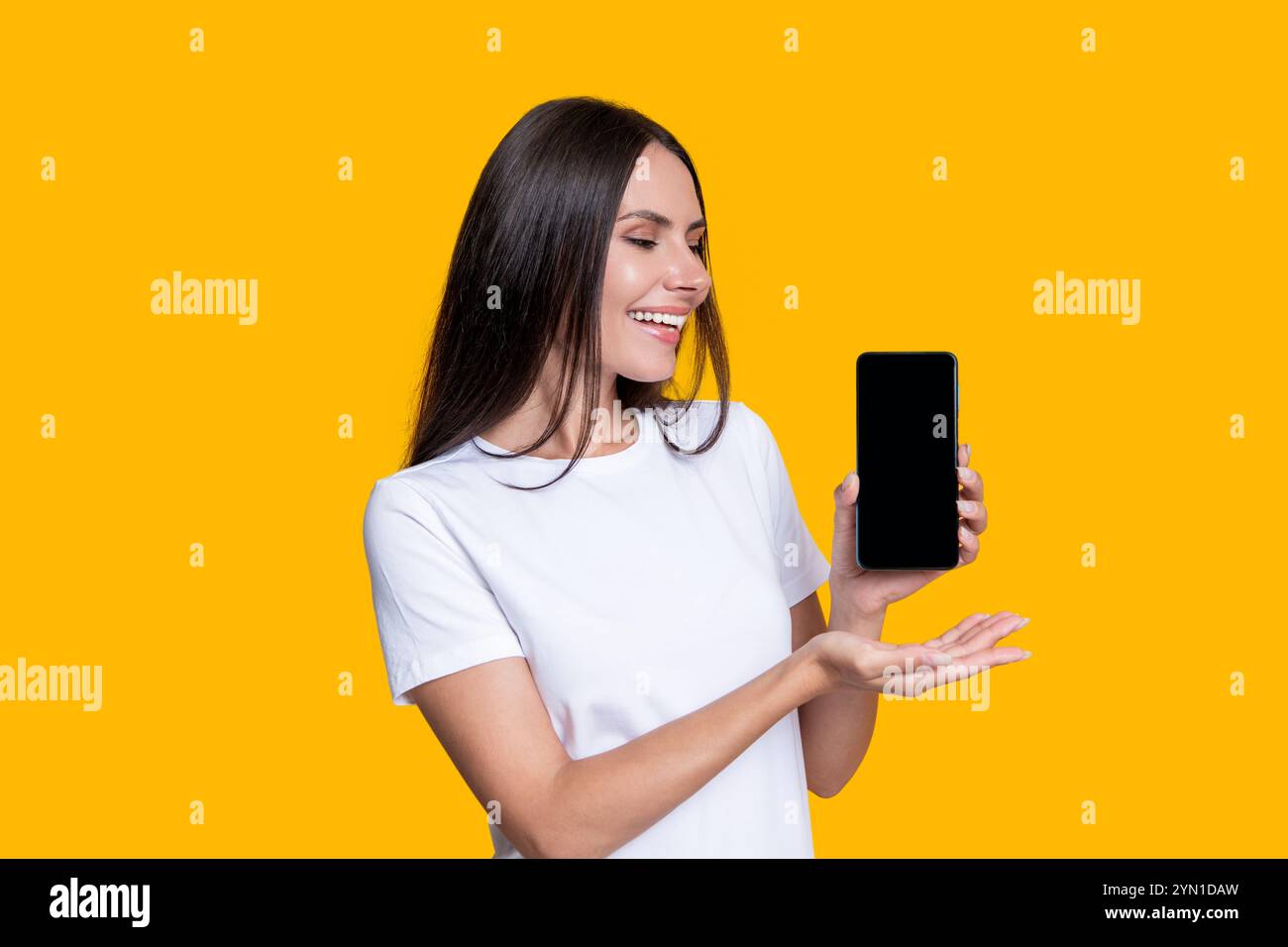 Woman presenting phone screen. Young girl showing phone isolated on ...
