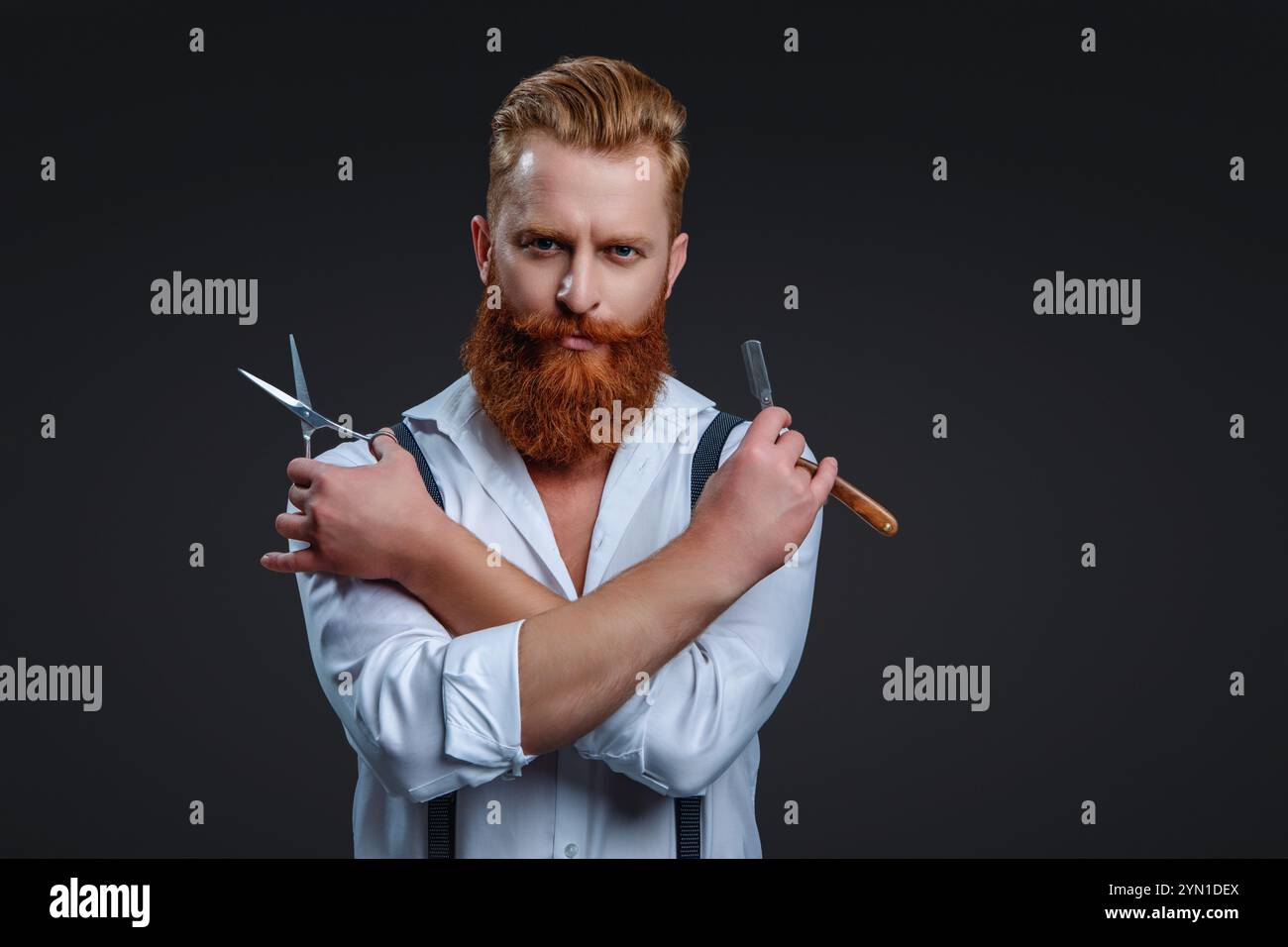 Barber man. Man barber with razor blade do haircut. Man barber making a ...