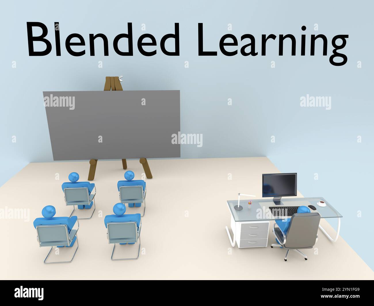 3d illustration of a classroom titled Blended Learning, symbolically ...