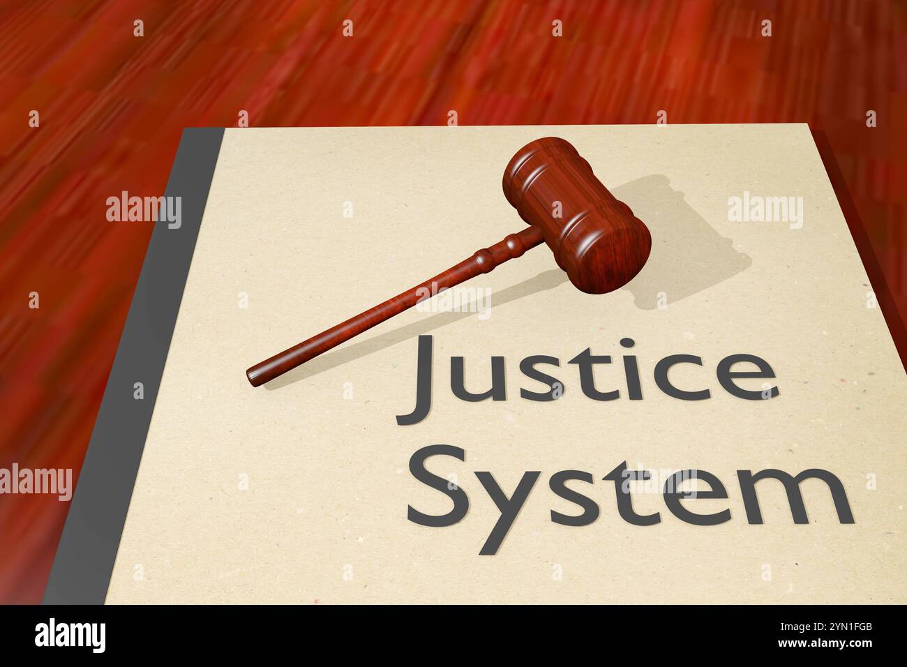 3D illustration of a judge gavel on a booklet, titled Justice System ...