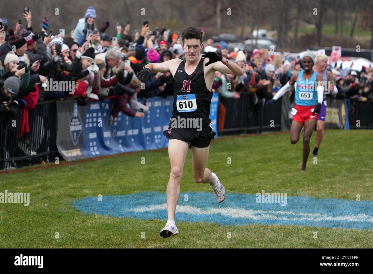 Graham Blanks of Harvard wins the men's race in a course record 28:37.2 ...