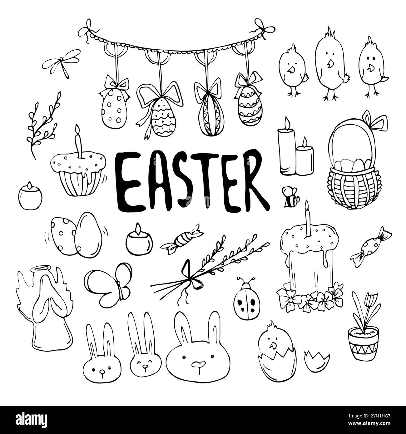 Easter traditional symbols collection - eggs, bunny, willow twigs ...
