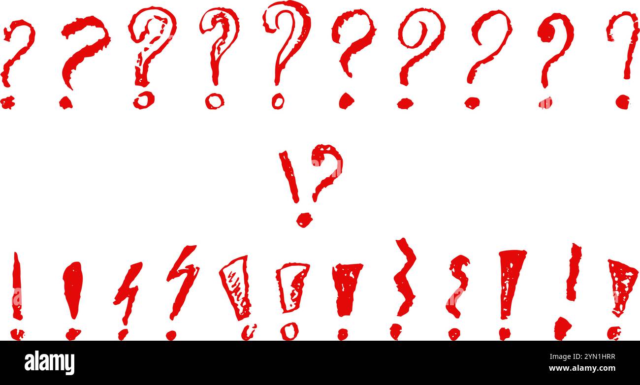 Exclamation and question marks symbols set. Red crayon hand written ...