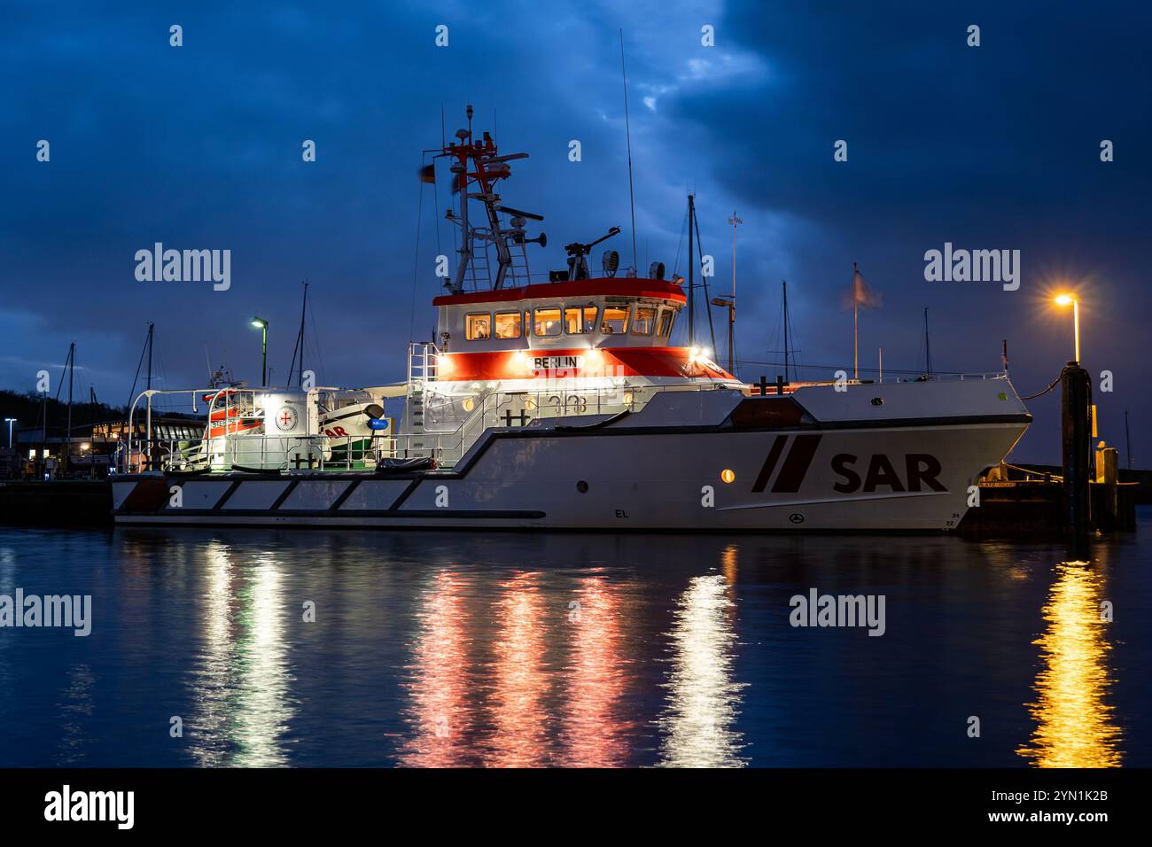DGzRS SAR cruiser 'Berlin’ in the port of Laboe at night Stock Photo ...