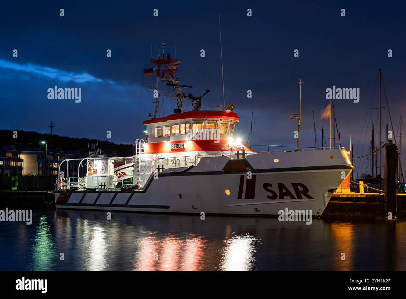 DGzRS SAR cruiser 'Berlin’ in the port of Laboe at night Stock Photo ...