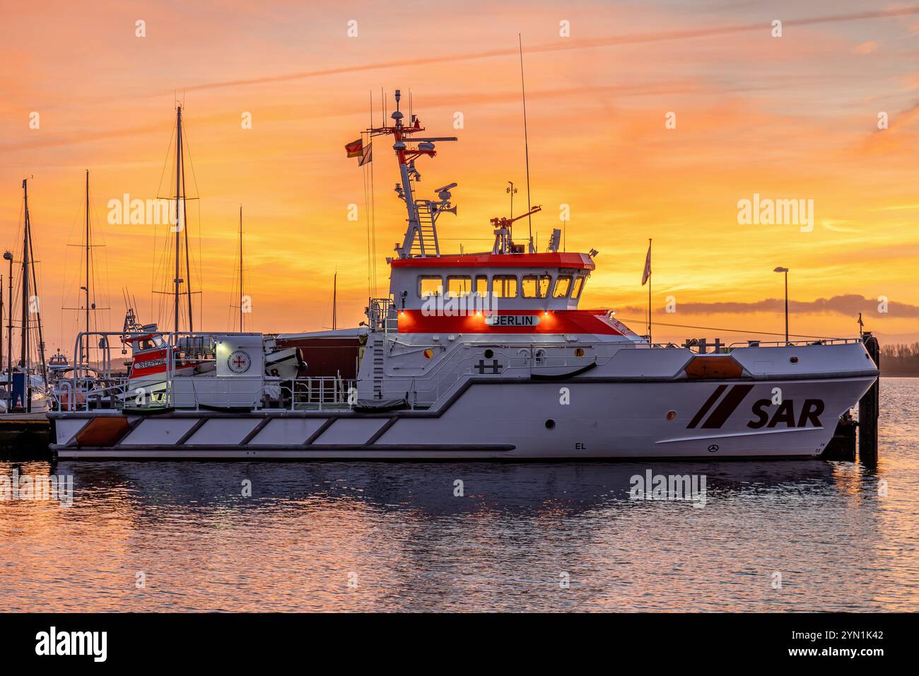 DGzRS SAR cruiser 'Berlin' in the port of Laboe at sunset Stock Photo ...